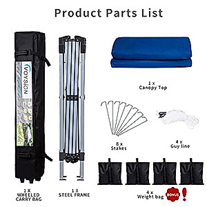 VOYSIGN 10x10 Pop Up Canopy Tent, Outdoor Instant Sun Shelter - Blue, Included 1 x Rolling Storage Wheeled Bag, 4 x Weights Bags, 4 x Guylines, 8 x Stakes