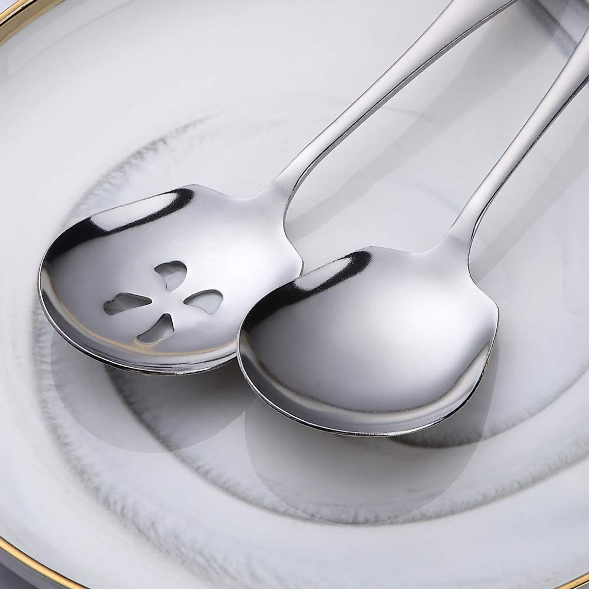 Meiishaaa Meisha Serving Spoons Set, 3 Serving Spoons and 3 Slotted Serving Spoons, Silver Stainless Steel Serving Utensils for Buffet Can Banquet Cooking Kitchen - Mirror Polished