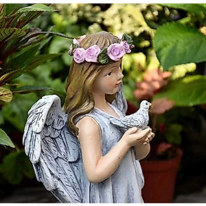 Sun Shade Angel Grasping Dove Standing Sculpture Statue Outdoor Garden Decoration Commemorative Gift 12.6" high (Resin) Gray