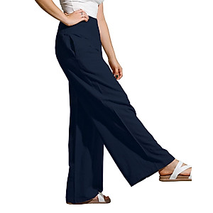 utcoco Womens Wide Leg Linen Palazzo Pants Casual Elastic Waisted Loose Fit Trousers (XXL, Navy Blue)