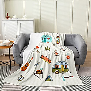 Camping Theme Lightning Fleece Blanket,Cartoon Trailer RV Tent Pattern Bed Blanket for Adults Teens,Camper Hiking Room Decor,Super Soft Flannel Blanket,40"x50"