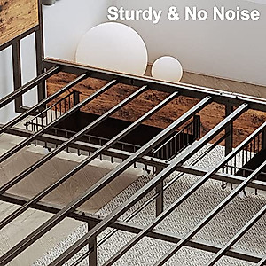 LIKIMIO King Bed Frame with Storage Drawer, 2-Tier Storage Headboard with Charging Station, No Box Spring Needed, Easy Assembly, Vintage Brown