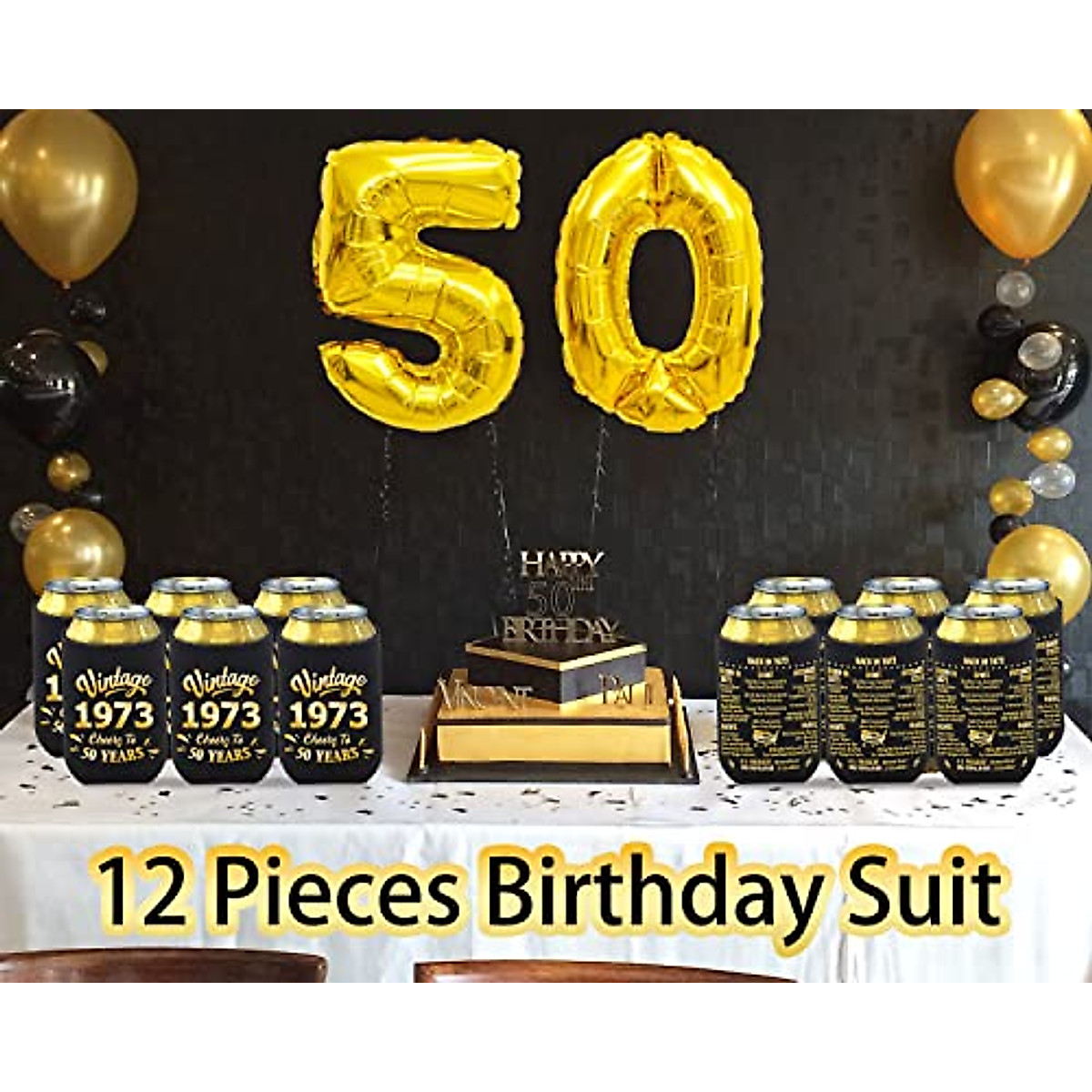 BdayPtion 50th Birthday Decorations for Men Women, 50th Party Decorations, 50 Year Old Bday Party Supplies, Fifty Birthday Present, Black and Gold Pack of 12 Can Cooler Sleeves