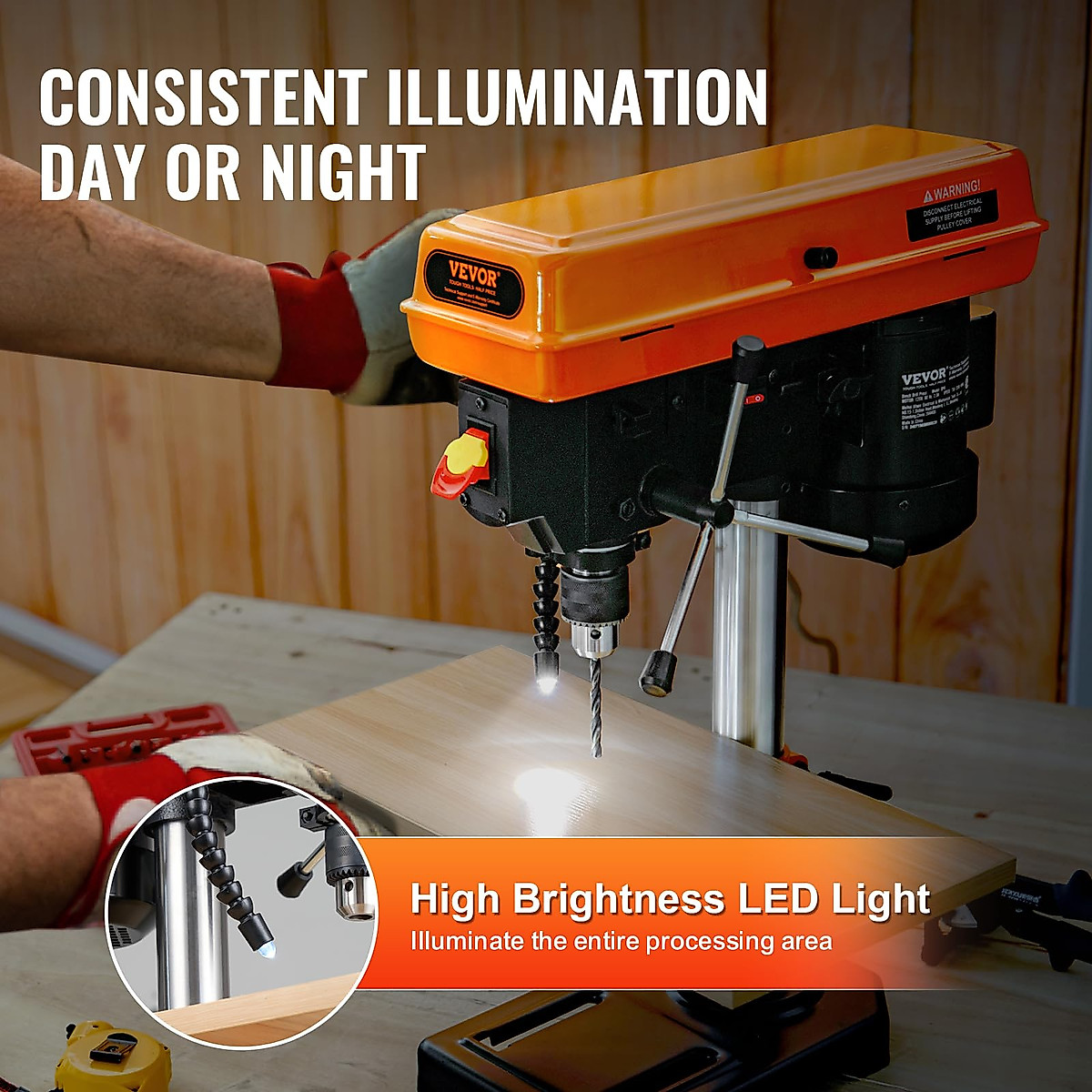 VEVOR 8 in Benchtop Drill Press, 2.3A Induction Motor, Tabletop Drilling Machine with 750/1140 / 1740/2340 / 3200 RPM Adjustable Speed, 0-45° Tilting Worktable, LED Work Light, for Wood Metal