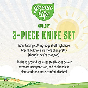 GreenLife High Carbon Stainless Steel 3 Piece Knife Set with Covers, Includes Chef Utility and Pairing, Comfort Grip Handles,Triple Rivet Cutlery, Soft Pink