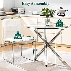 SICOTAS Round Dining Table Set for 4 - Glass Top Kitchen Table and Faux Leather Dining Chairs,Clear Circle Dining Room Table Set,Modern Breakfast Nook Table Set for Dining Room Kitchen Dinette, White