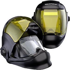 TAKAFORCE Auto Darkening Welding Helmet with Large 180° Panoramic Viewing Screen, Side View, True Color, Highest Optical Class 1/1/1/1, 4 Arc Sensor, 9-12/13-15 Variable Welding Shades,Flip Up Design.