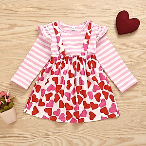 Myhrey Toddler Baby Girls Valentine's Day Outfits Ruffle Long Sleeve Stripe Shirt + Suspender Skirt Set (Pink, 12-18 Months) M04 M04a