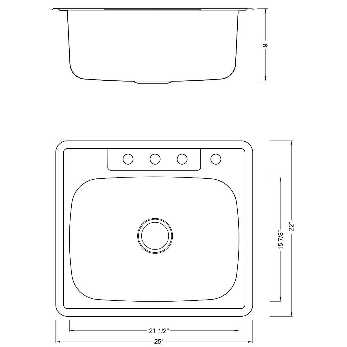 CozyBlock 25 x 22 x 9 Inch Top-mount/Drop-in Stainless Steel Single Bowl Kitchen Sink with Strainer and Protective Bottom Grid- 18 Gauge Stainless Steel-4 Faucet Hole