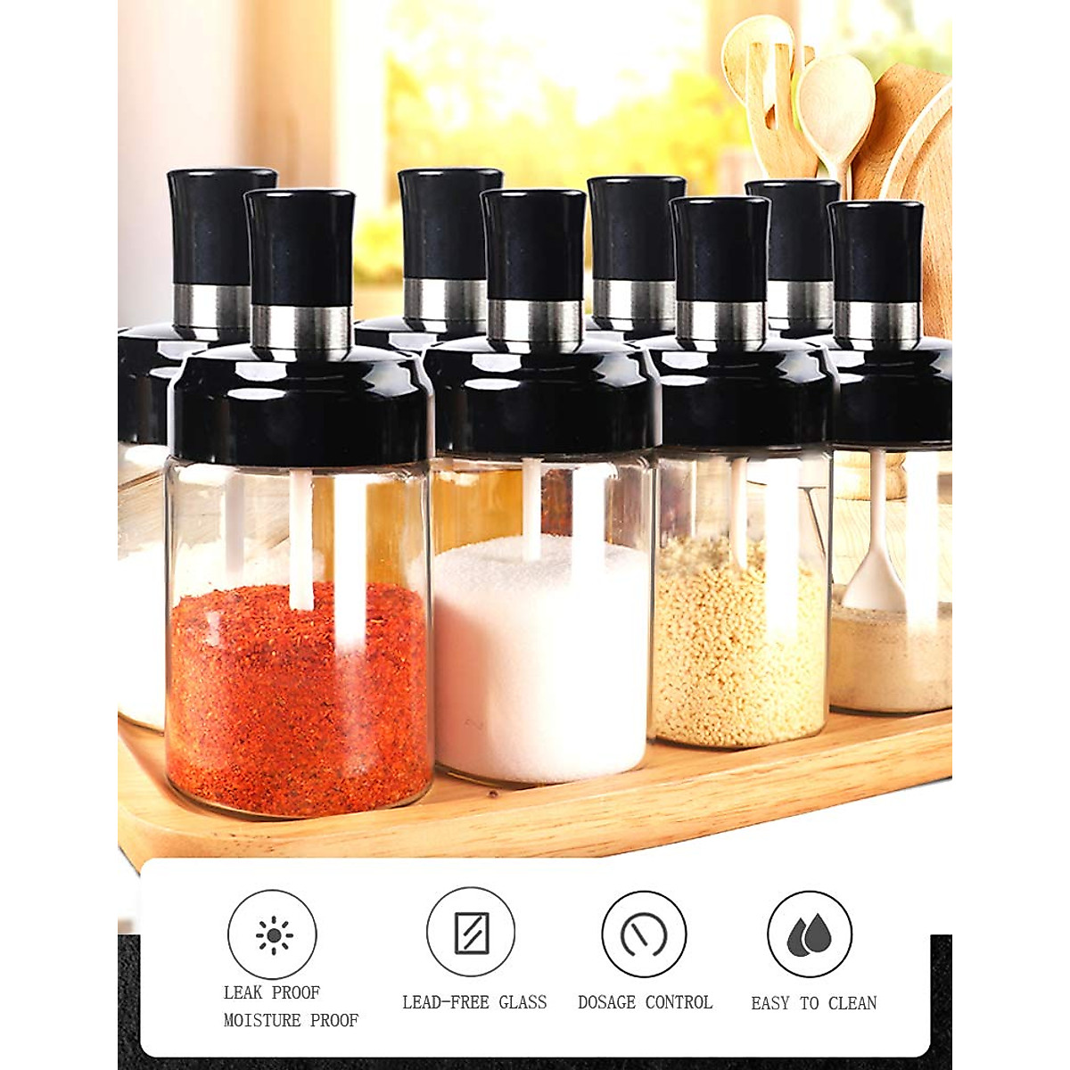 LOYUYU Kitchen Glass Spice Jars Seasonning Box Set of 4, Condiment Pots Spice Jars with Spoons, Oil Bottle Honey Jar Dispenser, Airtight Cap Transparent (8.45oz)