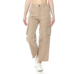 Leggings Depot High Waisted Women’s Straight Wide Leg Trousers w/Pockets, Baggy Cargo Pants, Khaki-Large