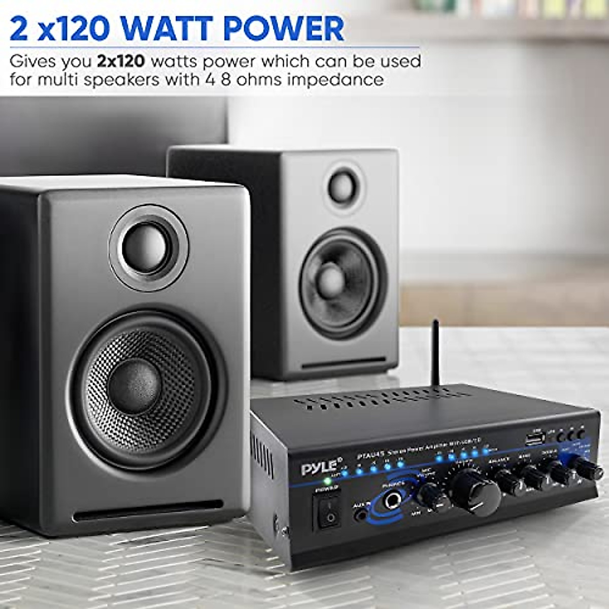 Pyle Home Bluetooth Audio Power Amplifier 2X120 Watt - Portable 2 Channel Surround Sound Stereo Receiver w/ USB - Amplified Subwoofer Speaker, CD DVD, MP3, iPhone, Phone, Theater, PA System -PTAU45.5