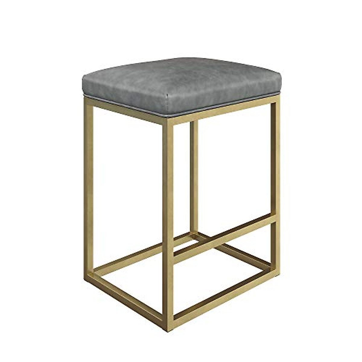 Nathan James Nelson Backless Pub-Height Kitchen Counter Bar Stool with Faux Leather Cushion and Metal Base, 24", Gray/Gold