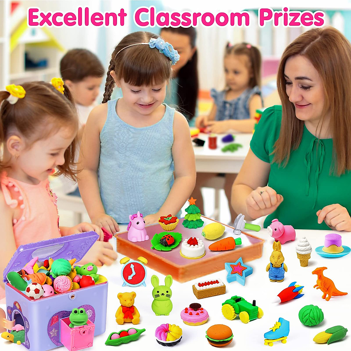 Arscniek 110 Pack Animal Erasers for Kids Bulk, Cute Desk Pets Treasure Box Toys for Classroom Prizes Rewards, Mini Pencil Erasers Take Apart Erasers Back to School Supplies Gift for Boys Girls