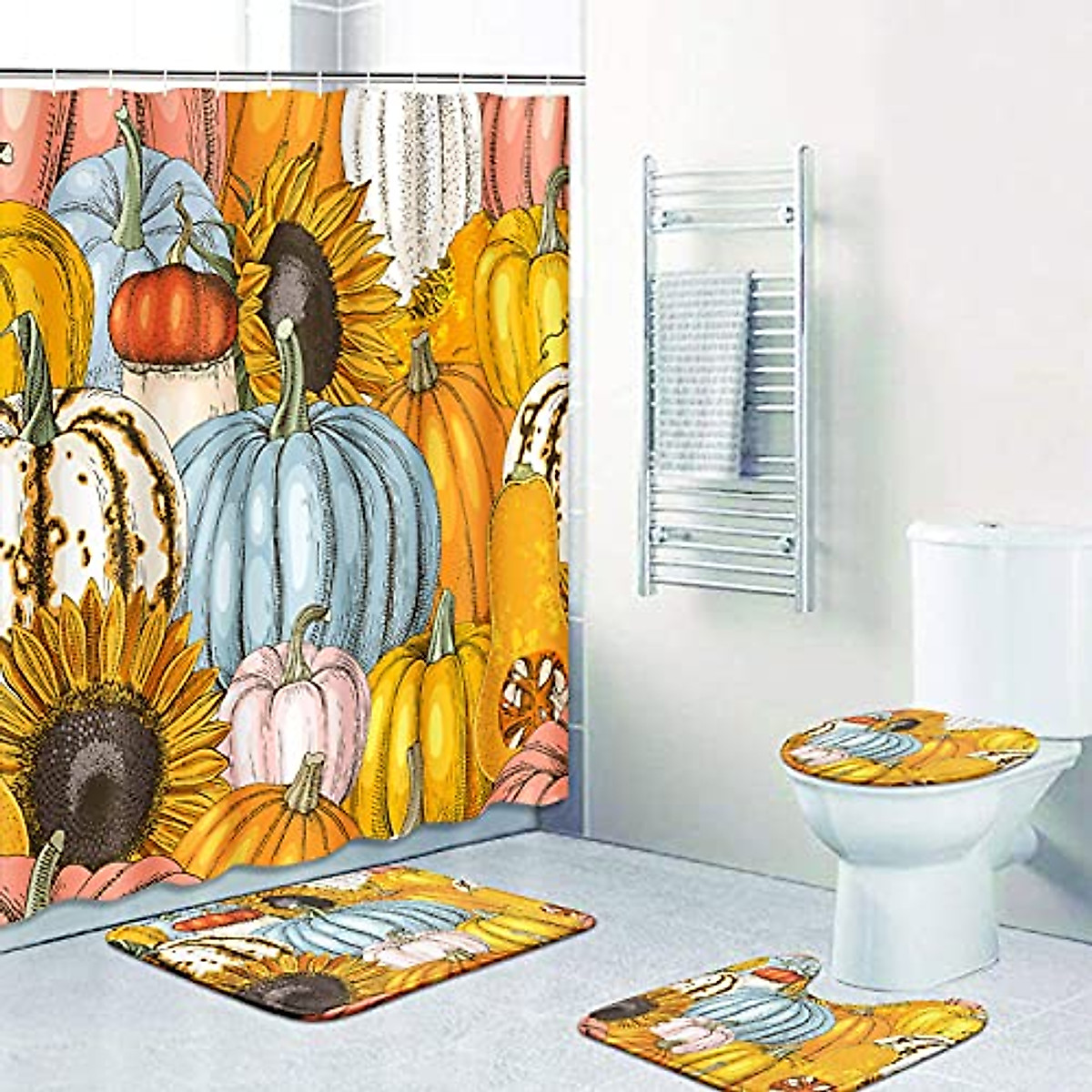 ArtSocket 4 Pcs Shower Curtain Set Pumpkin Gourd Sunflower Autumn Orange Harvest Season with Non-Slip Rugs Toilet Lid Cover and Bath Mat Bathroom Decor Set 72" x 72"