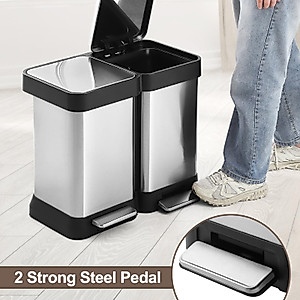TrailBlaze 13 Gallon Dual Trash and Recycling Bin, Fingerprint Proof Stainless Steel Kitchen Garbage Can with Double Lid, Pedal Rubbish Bin for Kitchen Home Office, Without Inner Bucket