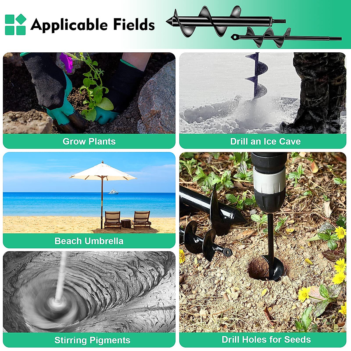 Auger Drill Bit for Planting 1.6"x9" 3"x12" Garden Spiral Set Auger Post Hole Digger for Bedding Plant Bulbs Planter Flowers Umbrella Ice Hole for 3/8” Hex Drive Drill, Garden Gloves 14x Plant Labels