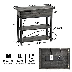 Aheaplus Sofa Side Table with USB Ports and Outlets, Narrow End Table Set of 2 with Charging Station, Bedside Nightstand with Storage Shelves, Slim Side Table，Black Oak