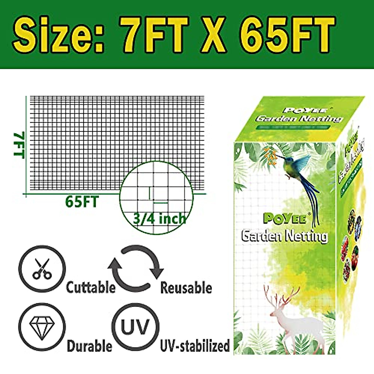 POYEE Garden Netting - 7 x 65 FT Heavy Duty Garden Net for Vegetables and Fruit Trees