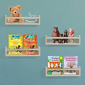 NANANARDOSO Nursery Room Shelves Wall Mounted, Set of 4 Natural Wood Floating Book Shelves for Kids Bedroom, Baby Nursery Décor, Kid Bookshelf Organizer for Bathroom Decor, Floating Bookshelf, Nature