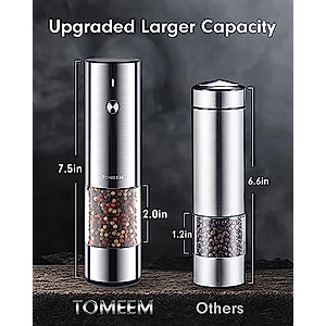 [Upgraded Larger Capacity] Electric Salt and Pepper Grinder Set Rechargeable with LED lights - Stainless Steel Automatic Pepper Grinder and Salt Grinder Refillable with 6 Adjustable Coarseness