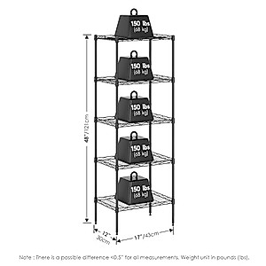 Furinno Wayar 5-Tier Metal Storage Shelf Rack, 17 x 12 x 48, Black