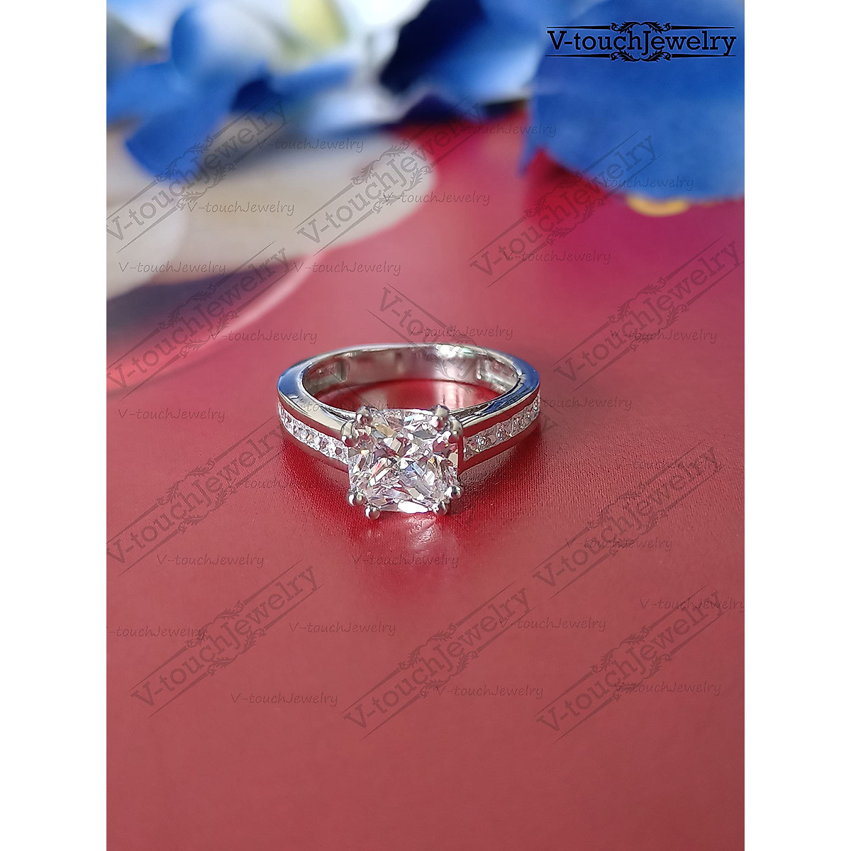 V Touch 14K White Gold Plated 925 Sterling Sliver 3 Piece Wedding His Engagement & Her Band Rings Sets Cushion & Princess Cut Created Diamond for Couple Mens and Women Trio Ring Set