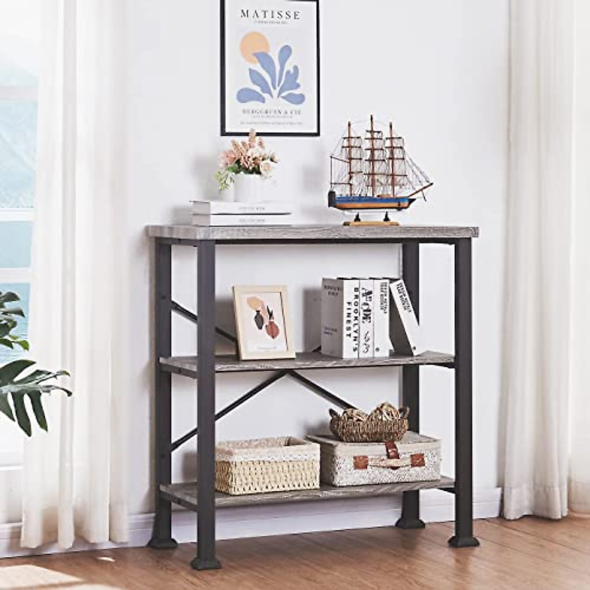 HOMBAZAAR Bookshelf, 3-Tier Vintage Industrial Book Shelf, Rustic Wood and Metal Bookcase and Bookshelves, Free Standing Storage Small Bookshelf for Living Room, Bedroom and Kitchen, Grey Oak