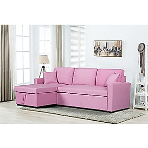 GLANZEND L-Shape Reversible Linen Sleeper Sectional Sofa with Storage Chaise, Corner Convertible Couch w/ 2 Throw Pillows for Living Room, Small Apartment, Dorm, Pink, 57 Inch