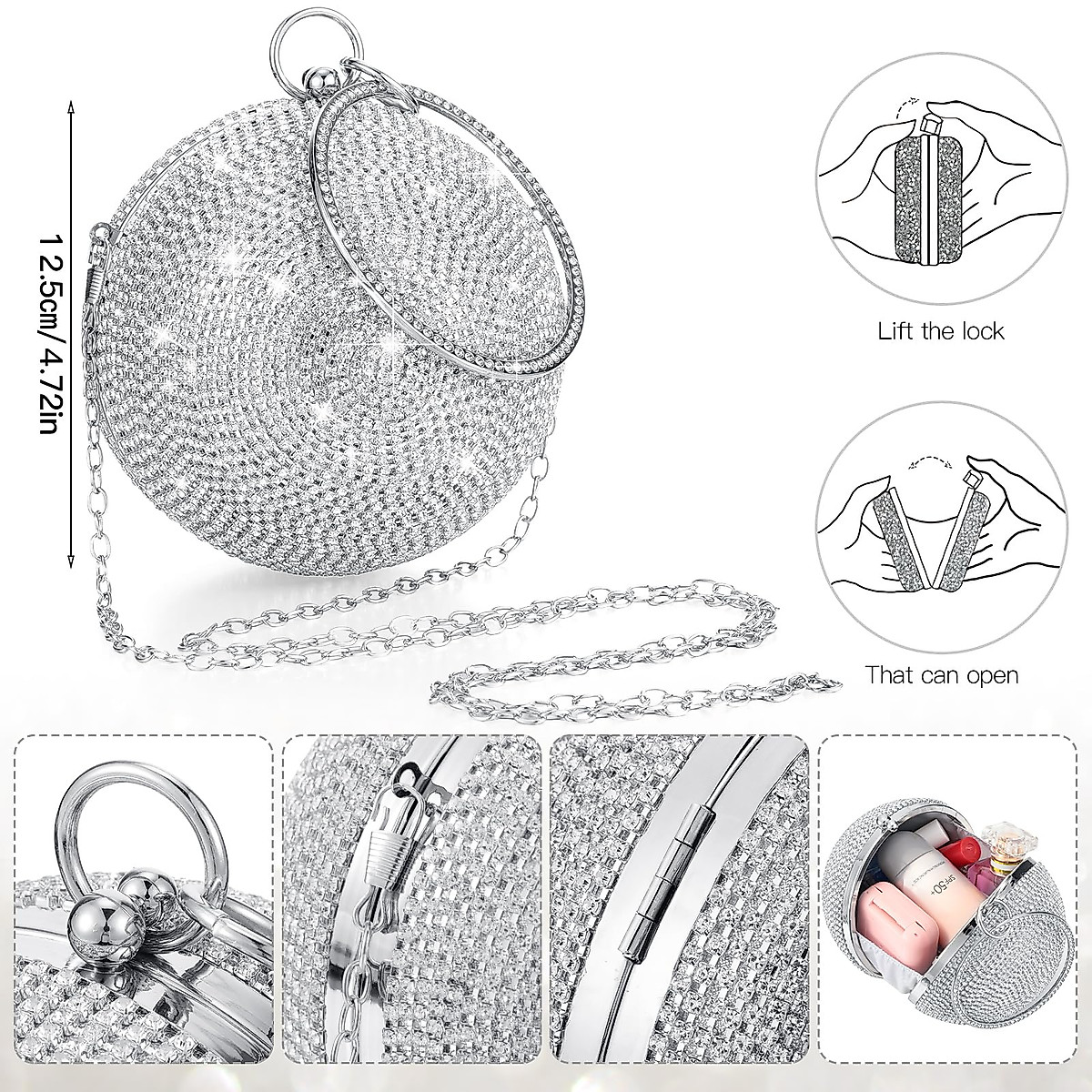 Disco Ball Round Purse for Women 4.72 Inch Silver Circle Crystal Clutch Rhinestone Evening Tassel Long Chain Handbag Wedding Engagement Party Decoration Disco Evening Party Gift Supplies