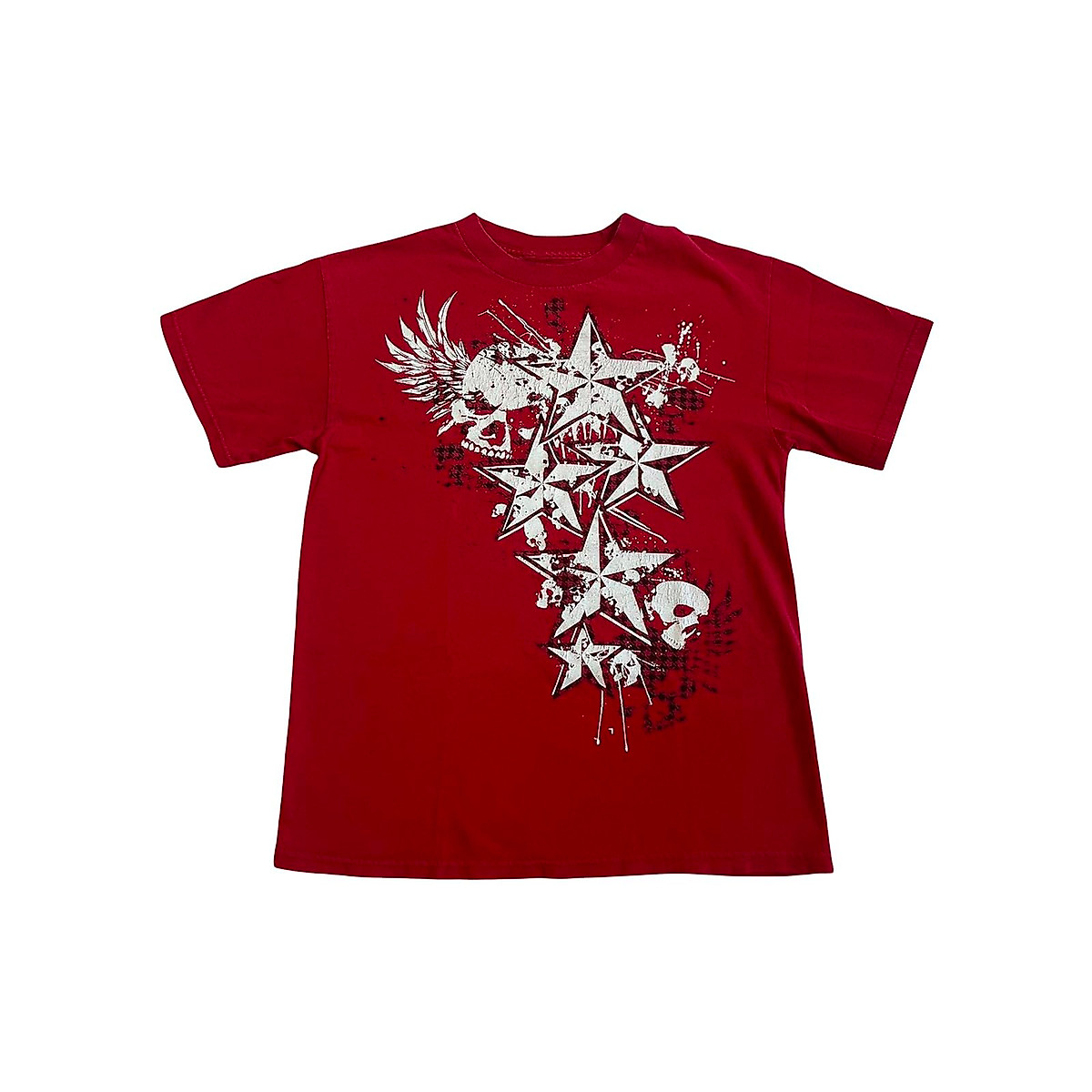 Nvzhuang Women's Short Sleeve Crop Tops Crew Neck Skull Star Print Gothic T Shirts Aesthetic Grunge Going Out Y2k Blouses Top(Red,X-Large)