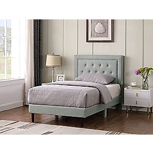 Twin Upholstered Platform Bed Frame with 48" Tall Adjustable Headboard - Button Tufted Linen Velour Bed - Wood Slat Support with Storage Space - No Box Spring Needed - Grey - Oliver & Smith - Berlin