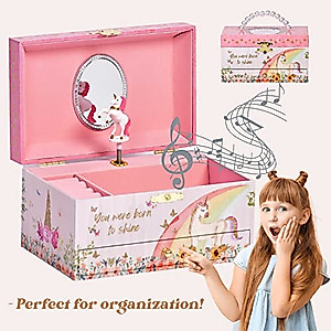 Emme Treasures Musical Jewelry Box - Personalizable Unicorn Kids Jewelry Box for Girls with Glitter Alphabet Stickers - Whimsical Girls Jewelry Box - Giftable Kids Music Box
