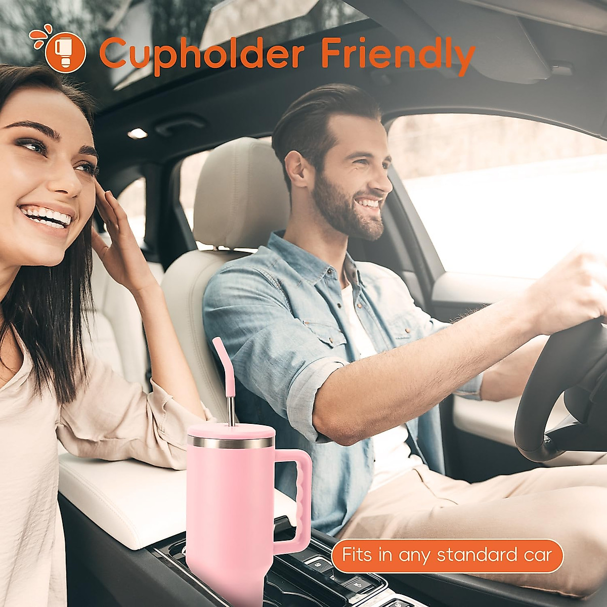 VUSIGN 40 oz Tumbler with Handle and Straw Lid, Stainless Steel Vacuum Insulated Tumbler Travel Mug Water Bottle Cup for Water Iced Tea Coffee Smoothie Car, Blush