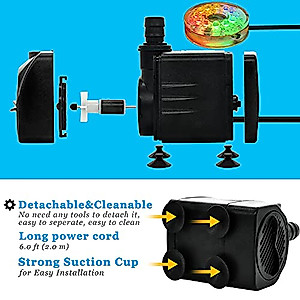 PULACO 10Watt 160GPH Submersible Fountain Pump wiht LED Light for Water Feature, Outdoor Pond, Aquarium fish tanks, Home Décor Fountain