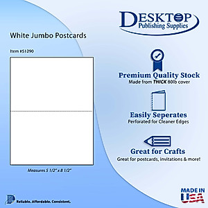 Heavyweight White Jumbo Postcards - 20 Sheets / 40 Postcards - Inkjet/Laser Compatible - Sturdy 80lb Cover - 2 per page Breaks to 5 1/2" x 8 1/2"
