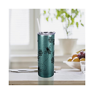 Elanze Designs Bumble Bee Hive Honeycomb Wrap-Around Design 20 Ounce Insulated Stainless Steel Coffee Travel Tumbler Mug Cup, Slide Top Lid & Reusable Straw, Turquoise Blue Glitter