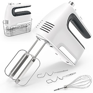 CBQ Hand Mixer Electric, 5-Speed 400W Powerful Motor, Hand Mixer Electric Handheld with Storage Case, Turbo Boost and 5x Accessories, Flat Beaters, Dough Hooks, Whisk (White)