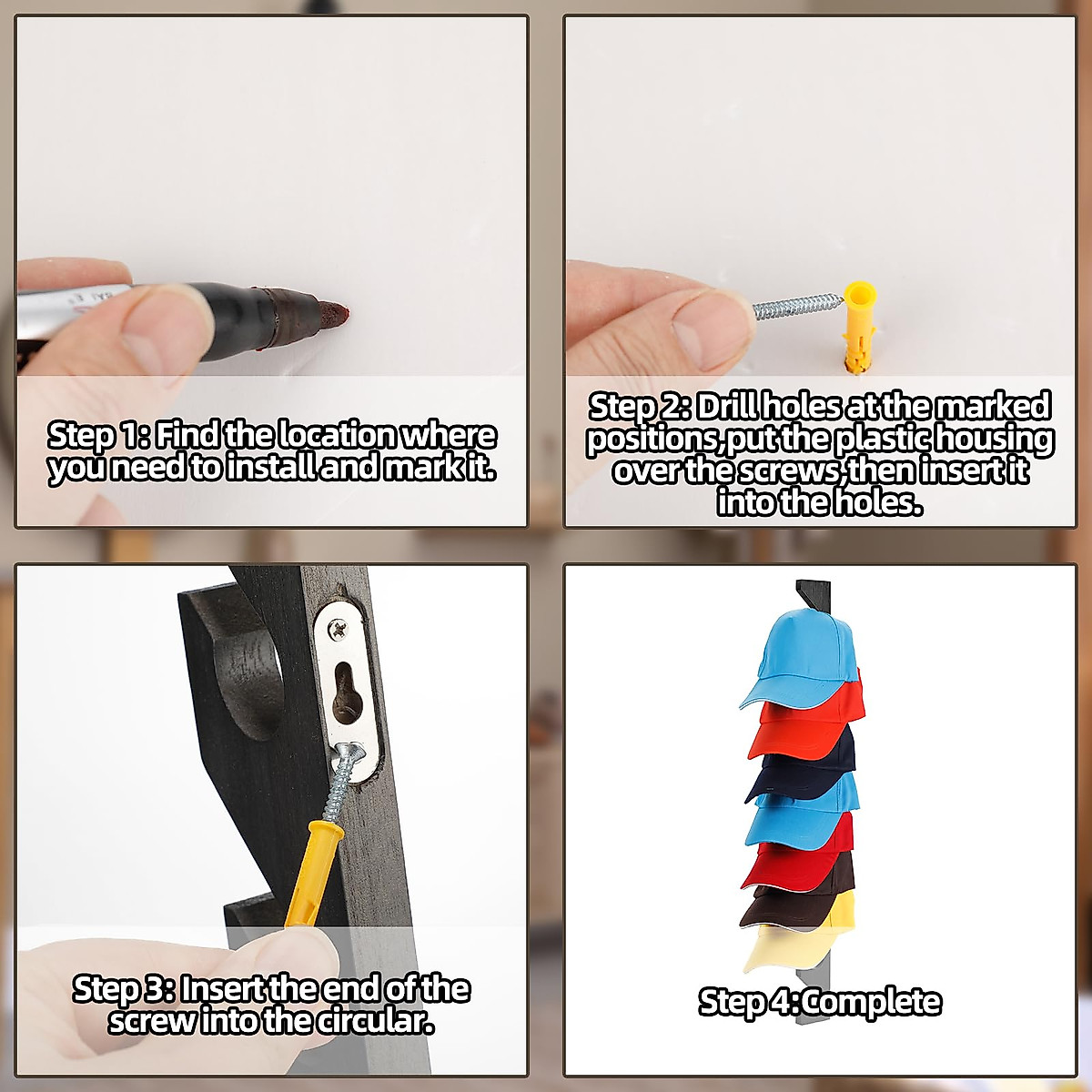 BBTO 3 Pack Wooden Hat Rack for Baseball Cap Wall Mount Hat Racks Vertical Hat Baseball Cap Display Holder with 10 Hooks Hat Organizer Wood Cap Hanger for Door Entry Room Bedroom(Gray)