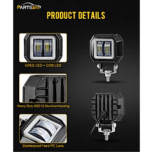 Partsam 3 Inch White Pods Light With DRL 2 Modes 16W Waterproof Cubes Offroad Work Cree LED Pods Spot Flood Ditch Fog Lights for Pickup Truck SUV ATV UTV Boat Forklift 4x4 Motorcycle, Pack of 2