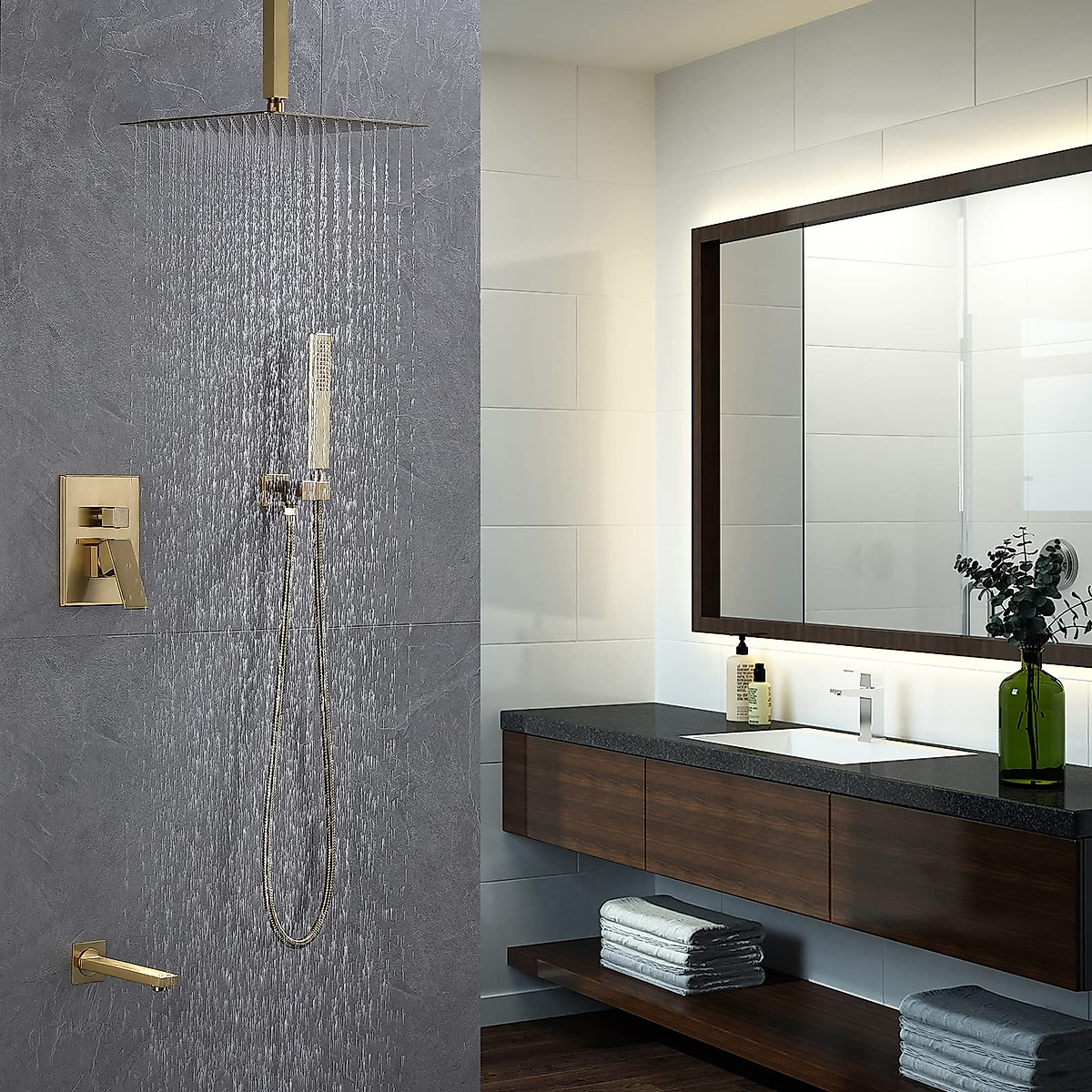 Iriber Ceiling Brushed Gold Rain Shower System with Waterfall Tub Spout 3 Function Shower Faucet Set Contain 12 Inch Shower Head and Handheld Brushed Brass Shower Trim Kit (Valve Included)