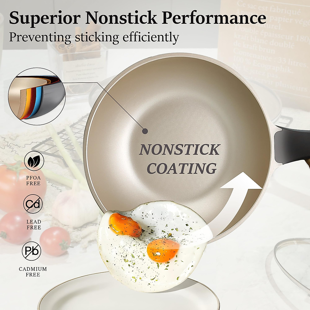 HENSENMEN Pots and Pans Set Nonstick, 6 Pcs of Kitchen Cookware Set, Dishwasher Safe Cooking Pots and Pans Set w/Saute Pan & Saucepan & Casserole Pot