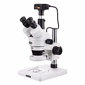 AmScope SM-1TSZ-144S-5M Digital Professional Trinocular Stereo Zoom Microscope, WH10x Eyepieces, 3.5X-90X Magnification, 0.7X-4.5X Zoom Objective, 144-Bulb LED Ring Light, Pillar Stand, 110V-240V, Includes 0.5X and 2.0X Barlow Lenses and 5MP Camera with R