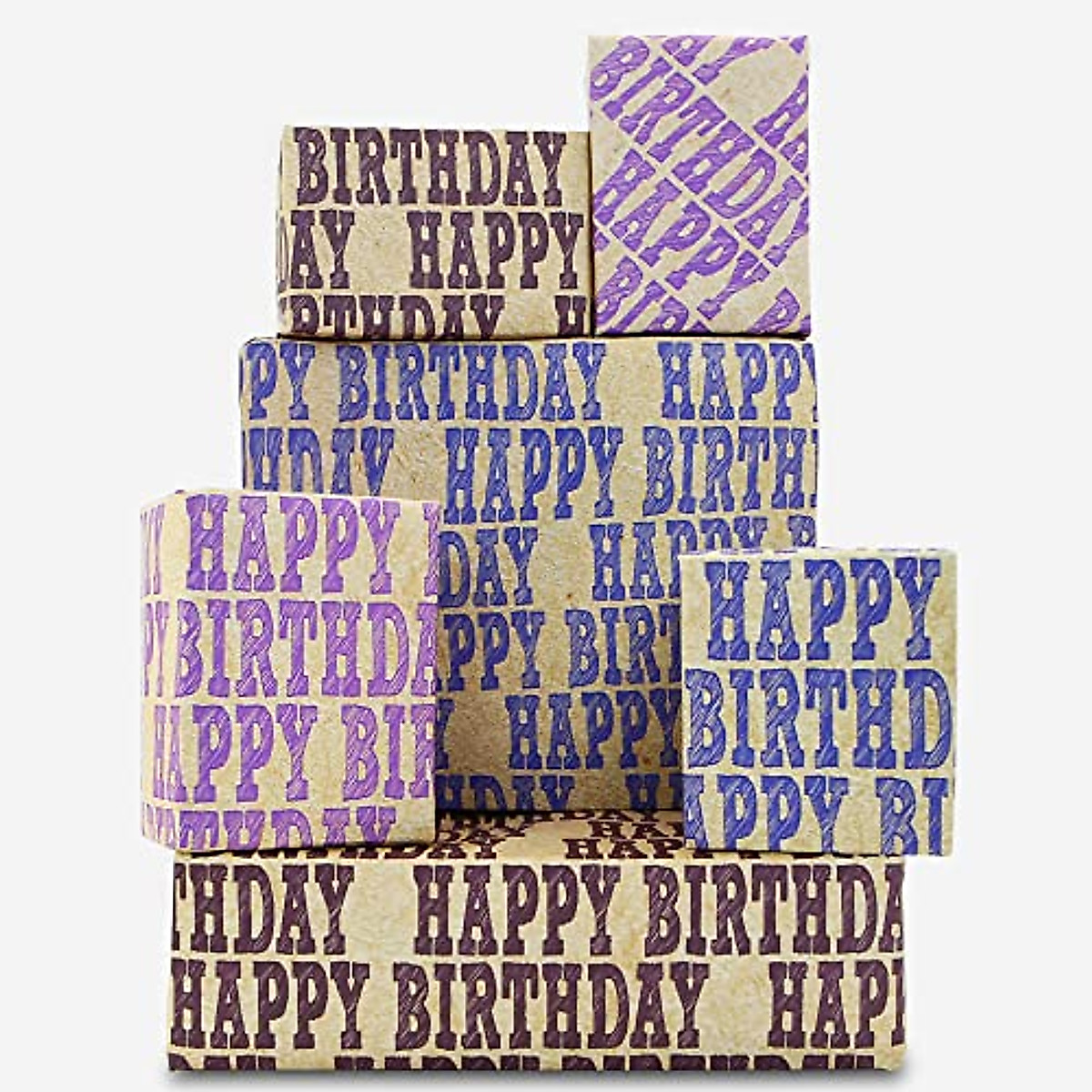 Happy Birthday Wrapping Paper for Men Boys Women Girls Adults Kids 3 Colors ''Happy Birthday'' Lettering Design Brown Birthday Gift Wrapping Paper 6 Sheets Folded Flat 20 X 28 Inches