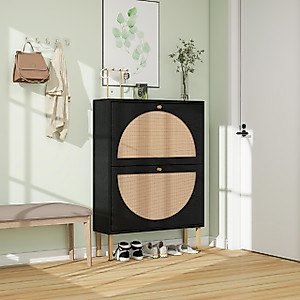 Yoluckea Rattan Shoe Cabinet with 2 Flip Drawers for Entryway Modern Wooden Shoe Rack Shoe Storage Cabinet Free Standing Shoe Rack for Heels Slippers for Entryway Hallway Bedroom Small Space (Black)