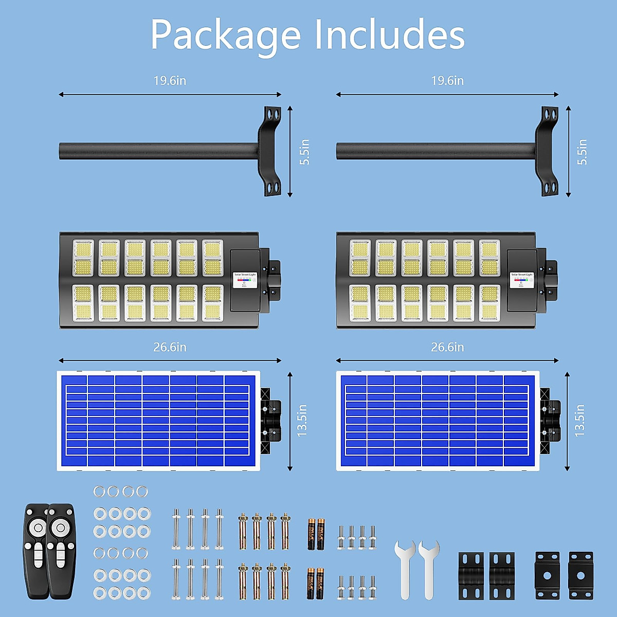 Vzyhik 5000W Solar Street Lights Outdoor,7000K 480000LM Outdoor LED Street Light Dusk to Dawn, LED Wide Angle Lamp with Motion Sensor and Remote Control, for Parking Lot, Yard, etc.2-Pack