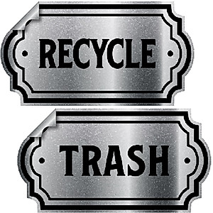 Recycle and Trash Sticker Logo Symbol - 4.9" by 2.5" - Elegant Golden Look for Trash Cans, Containers, and Garbage bins - Laminated Vinyl Decal (XSmall, Silver)
