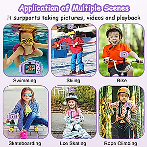 DEKER Kids Camera Waterproof Boys Girls Toys 3-12 Year Old Christmas Birthday Gifts Kids Underwater Mini Camcorder Cameras Children HD Digital Action Camera 2 Inch IPS Screen with 32GB Card (Lavender)