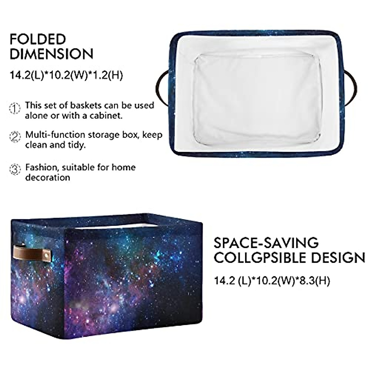 AUUXVA Galaxy Nebula Stars Storage Bins Basket, Universe Outer Space Collapsible Storage Cube Rectangle Storage Box with Handles for Shelf Closet Nursery Bedroom Home Office 2 Pack