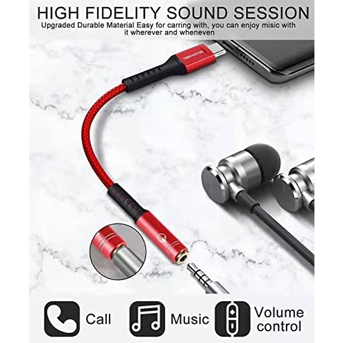 USB C to 3.5mm Female Audio Adapter, Bezokable Type C Headphone Adapter Hi-Res DAC Audio Jack Adapter for iPhone 15, Samsung Galaxy S22 S21 S20 S10 S9 Plus/Ultra, Note 10, iPad Pro, Pixel(red)